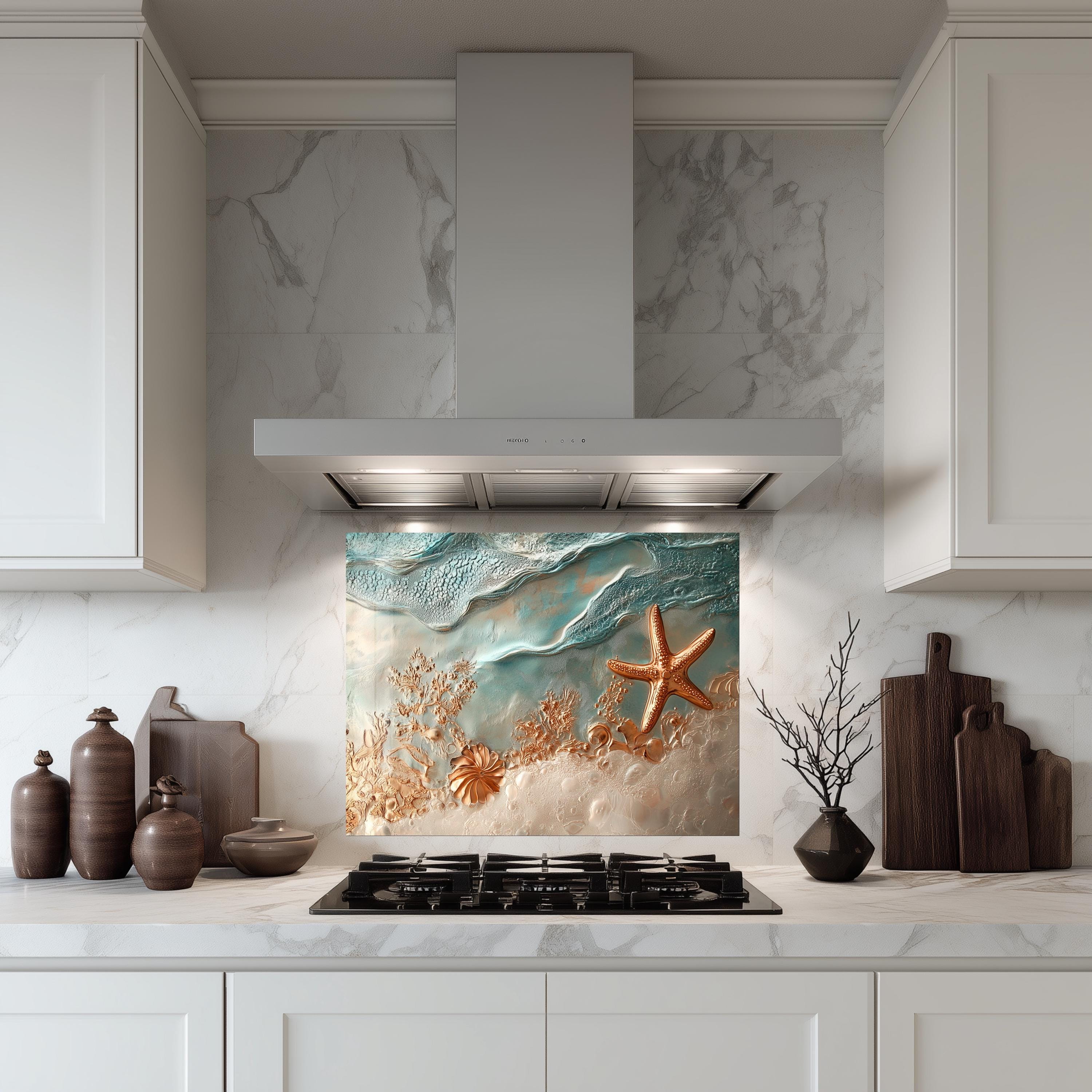 Marine Tempered Glass Stove Backsplash, Seashells Kitchen Backsplash ...