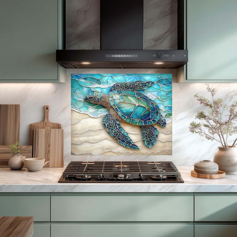 Turtle in Ocean Blue White Pattern Glass Backsplash Behind Stove ...