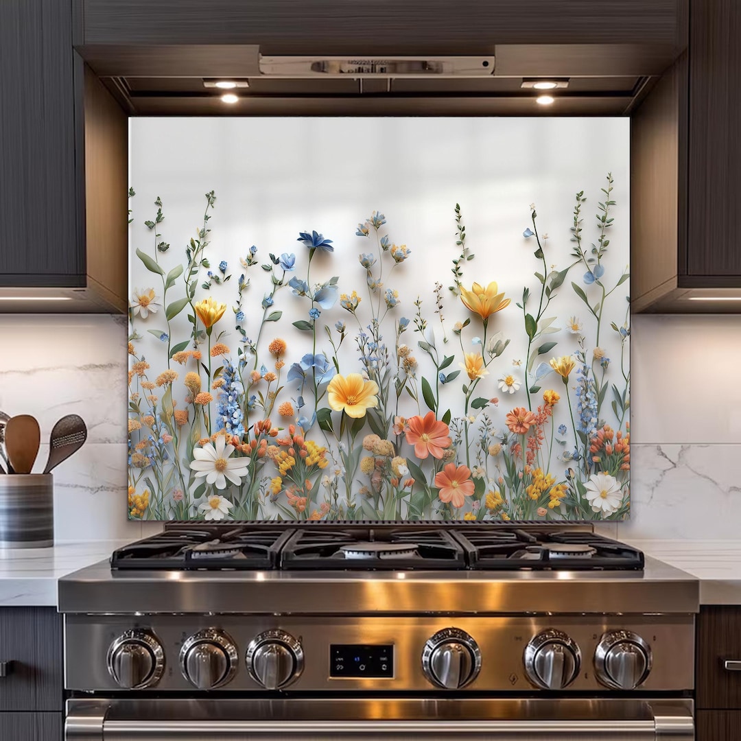 Glass Backsplash Wildflowers, Floral Splashback, Wildflowers Oven Back ...