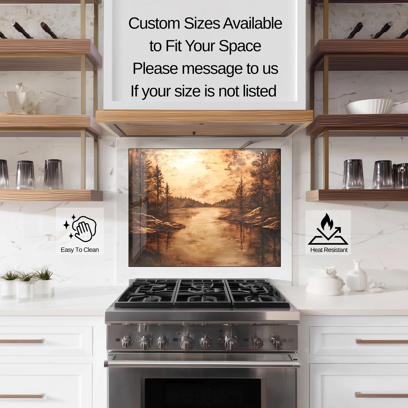 Rustic Copper Look Tempered Glass Stove Backsplash, Landscape Kitchen ...