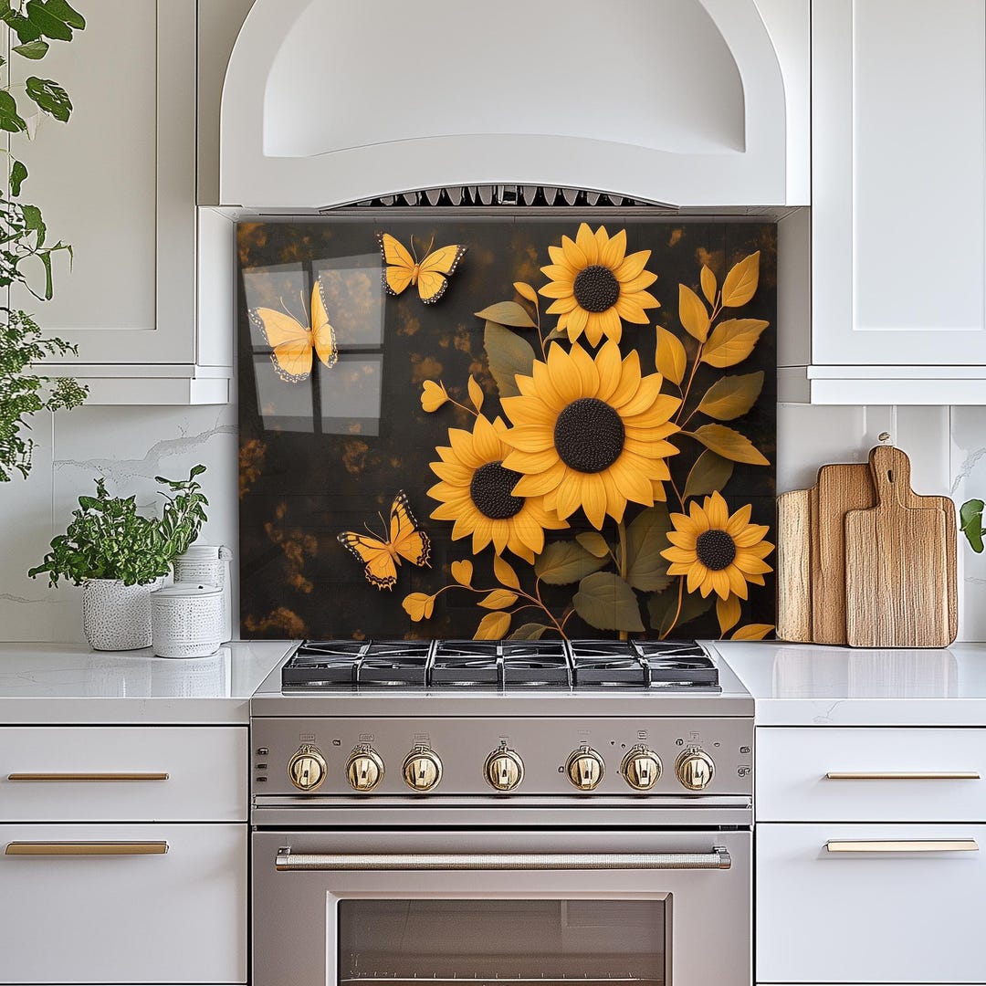Kitchen Backsplash-sunflower Butterfly Oven Backsplash, Tempered Glass Backsplash,lighthouse One ...