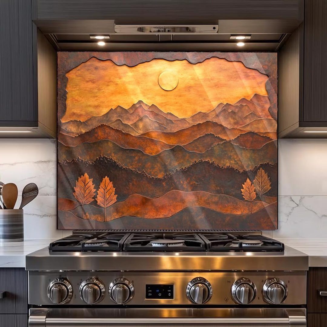 Glass Backsplash-mountain Ranges, Copper Look Stove Splashback, Kitchen ...