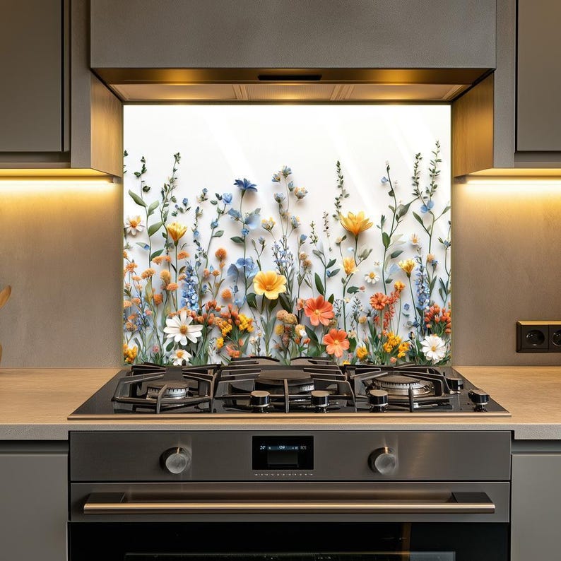 Glass Backsplash Wildflowers, Floral Splashback, Wildflowers Oven Back ...