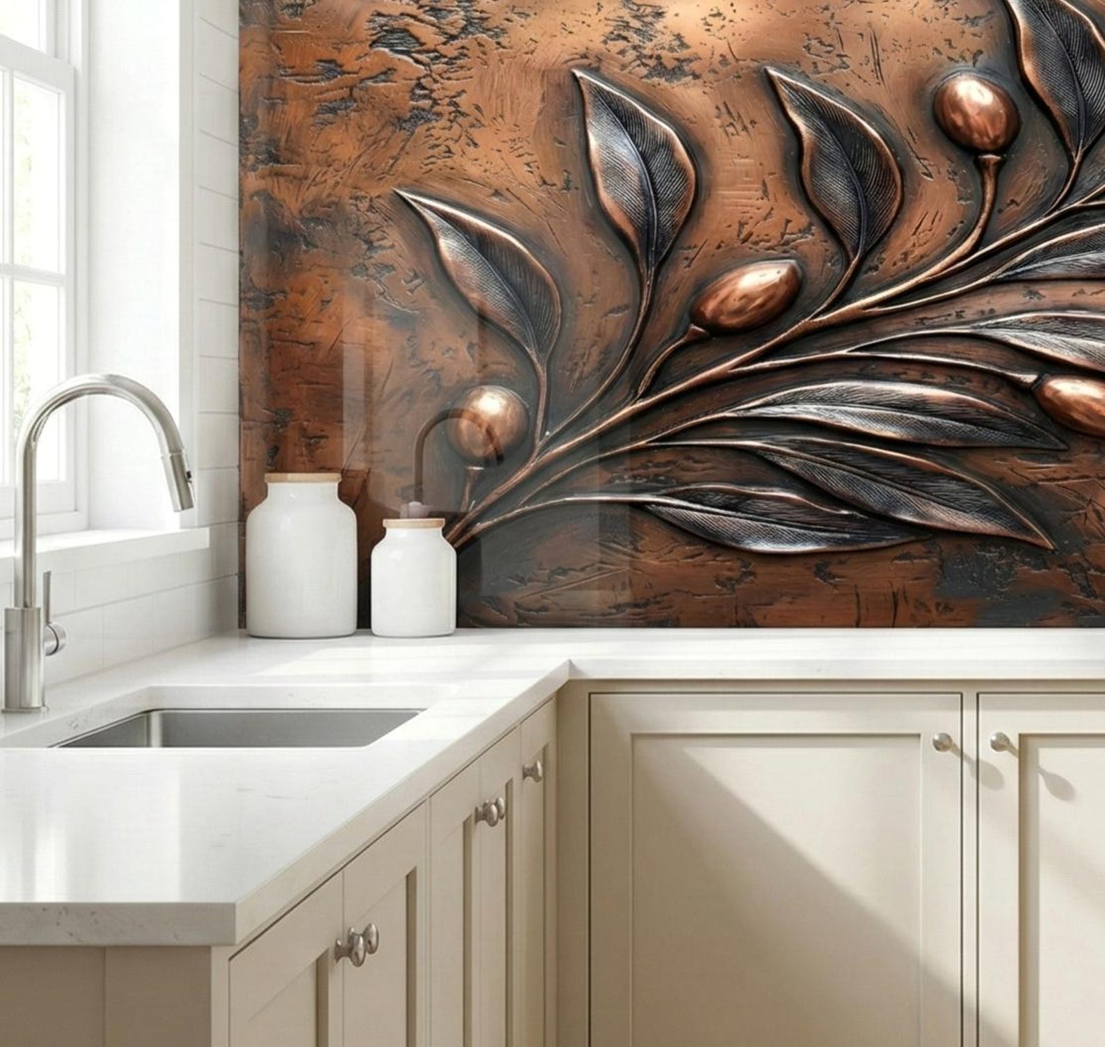 Copper Olive Branch Glass Backsplash, Rustic Kitchen Stove Splashback ...