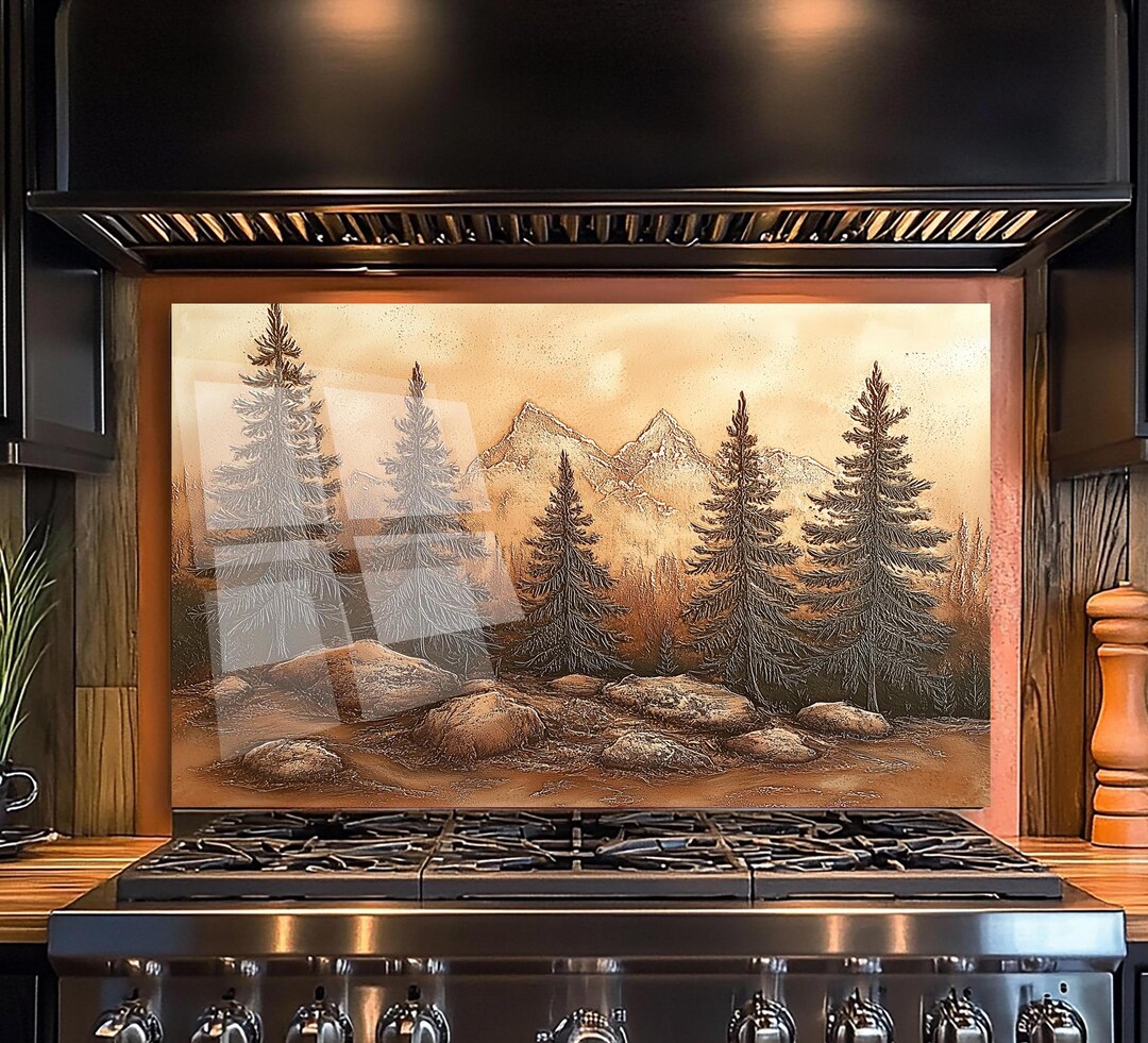 Tempered Glass Kitchen Backsplash Wall Art, Pine Tree Backsplash ...