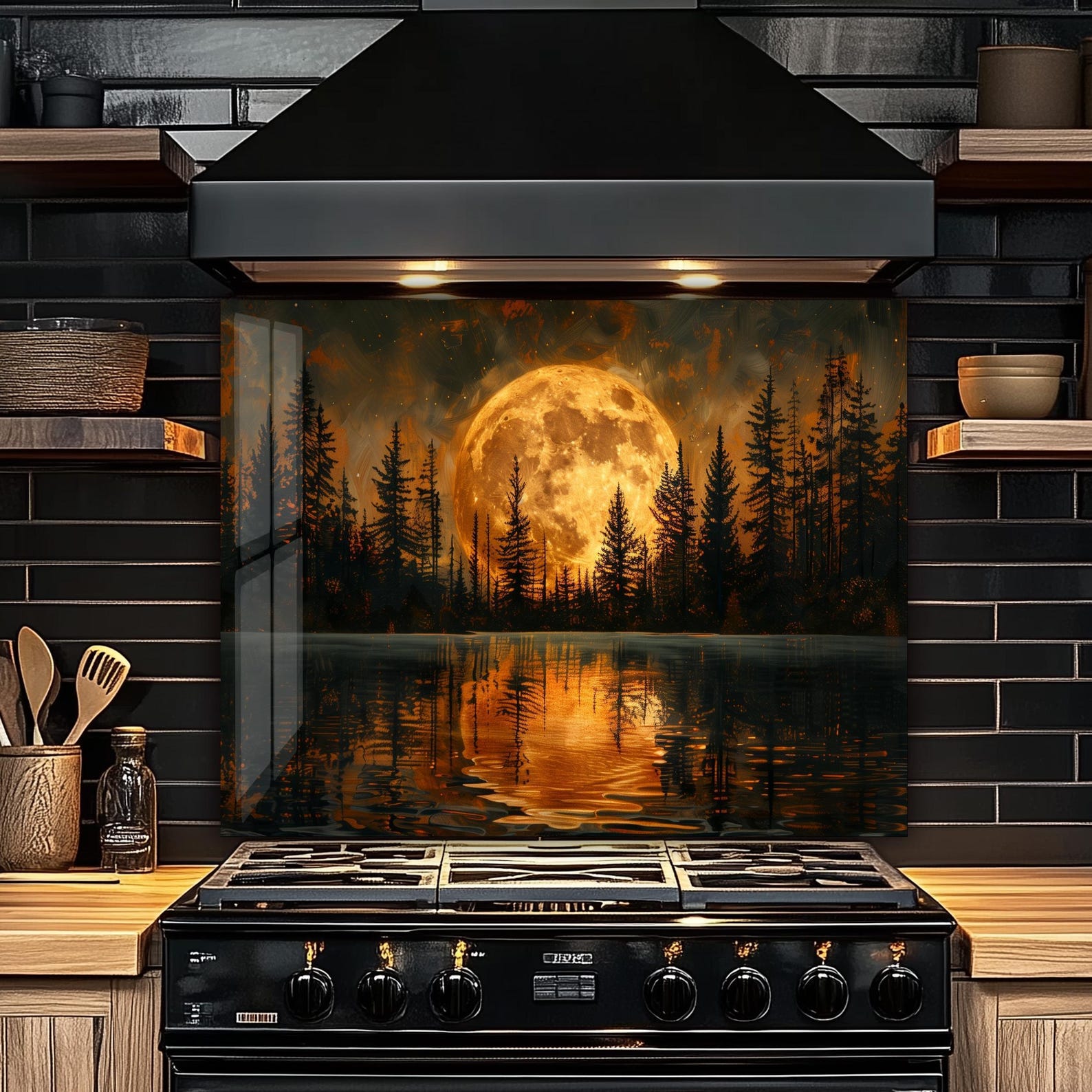 Rustic Landscape Stove Backsplash, Sunset Kitchen Backsplash, Sink ...