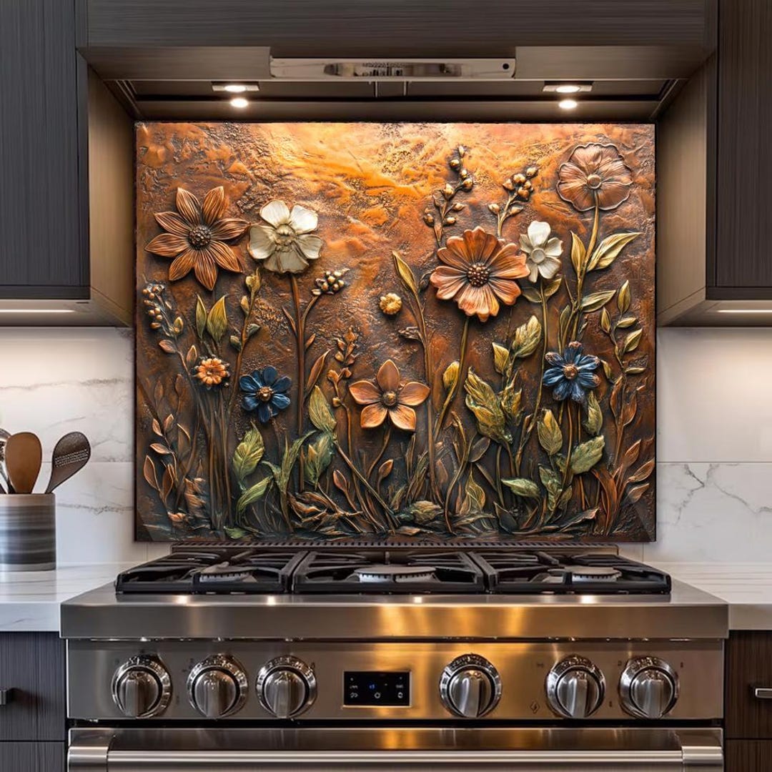 Glass Backsplash, Copper Look Splash Back, Sunset Wildflowers Kitchen ...