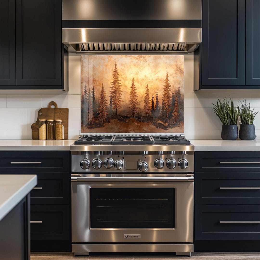 Pine Trees Tempered Glass Backsplash, Rustic Kitchen Backsplash, Stove ...