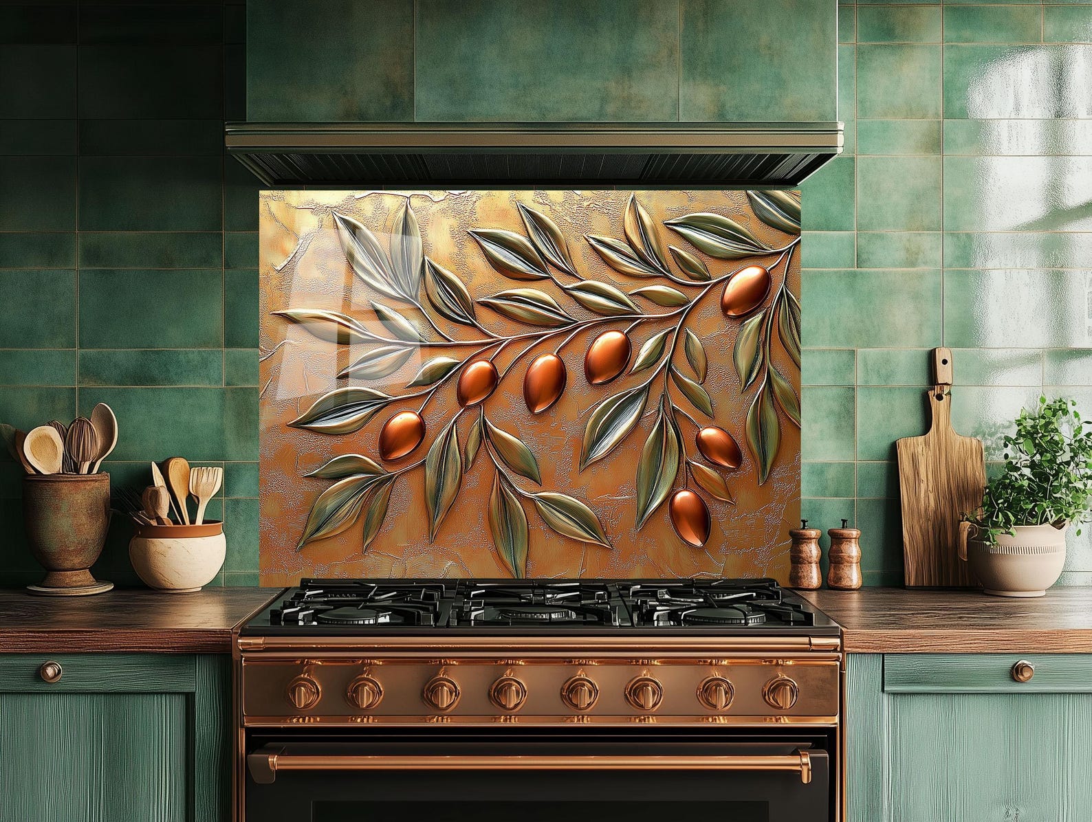 Olive Tree Backsplash, Copper Style Tempered Glass Kitchen Backsplashes ...