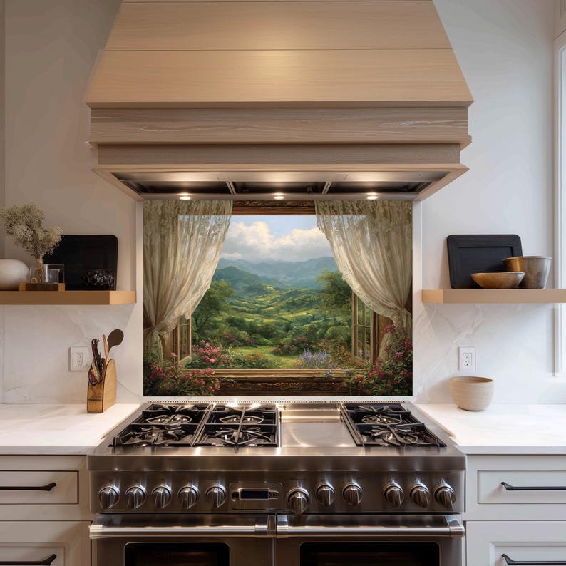 Window Look Print Backsplash, Centerpiece of Your Kitchen Landscape ...