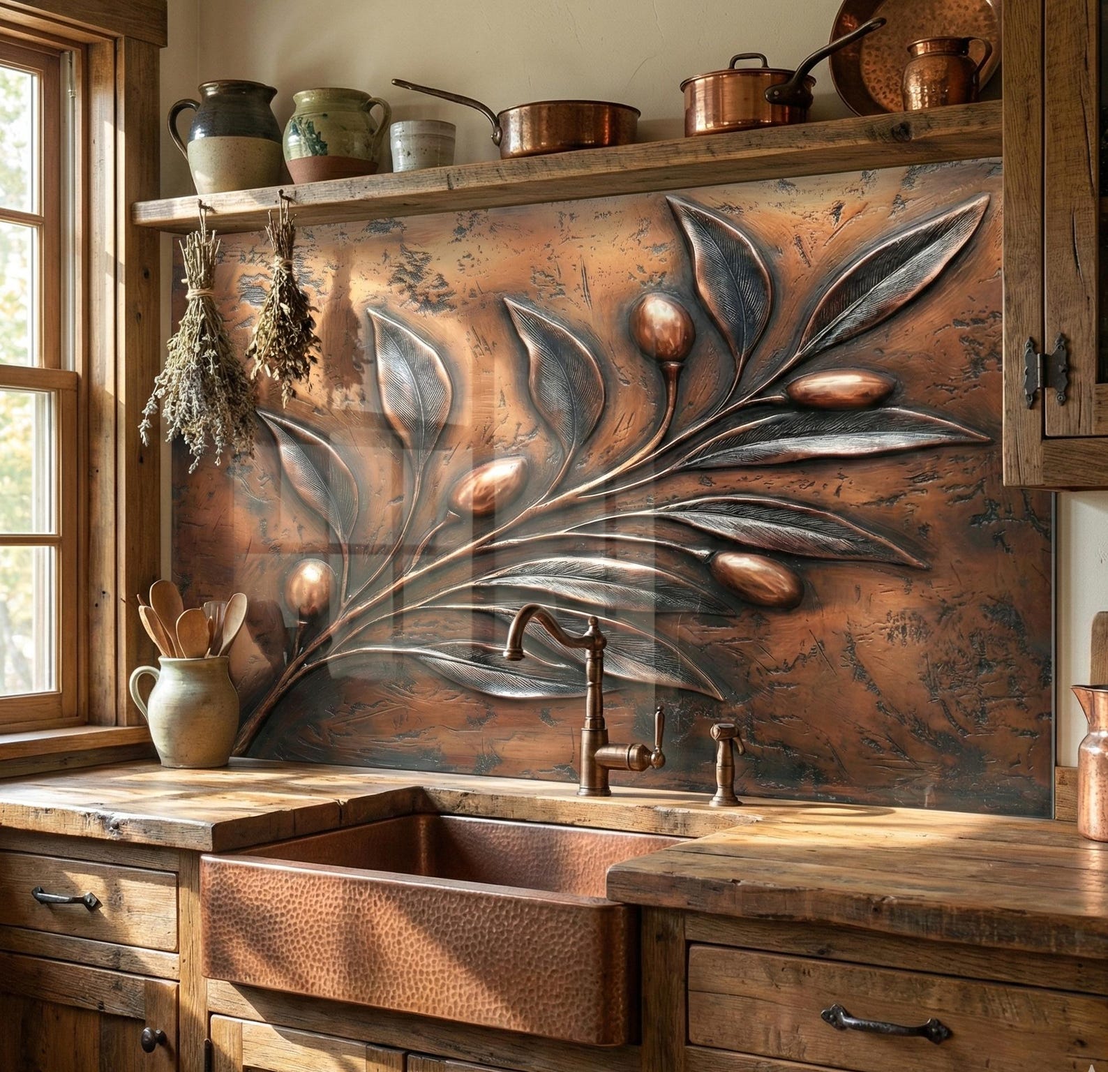 Copper Olive Branch Glass Backsplash, Rustic Kitchen Stove Splashback ...