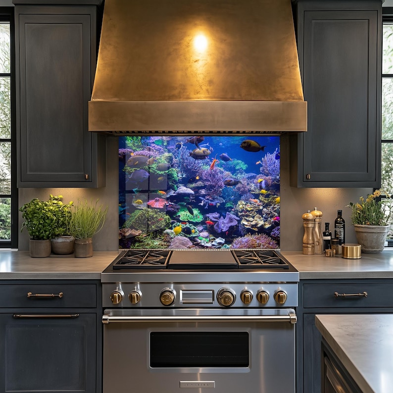 Tempered Glass Backsplash Kitchen, Underwater Coral Reef Stove ...