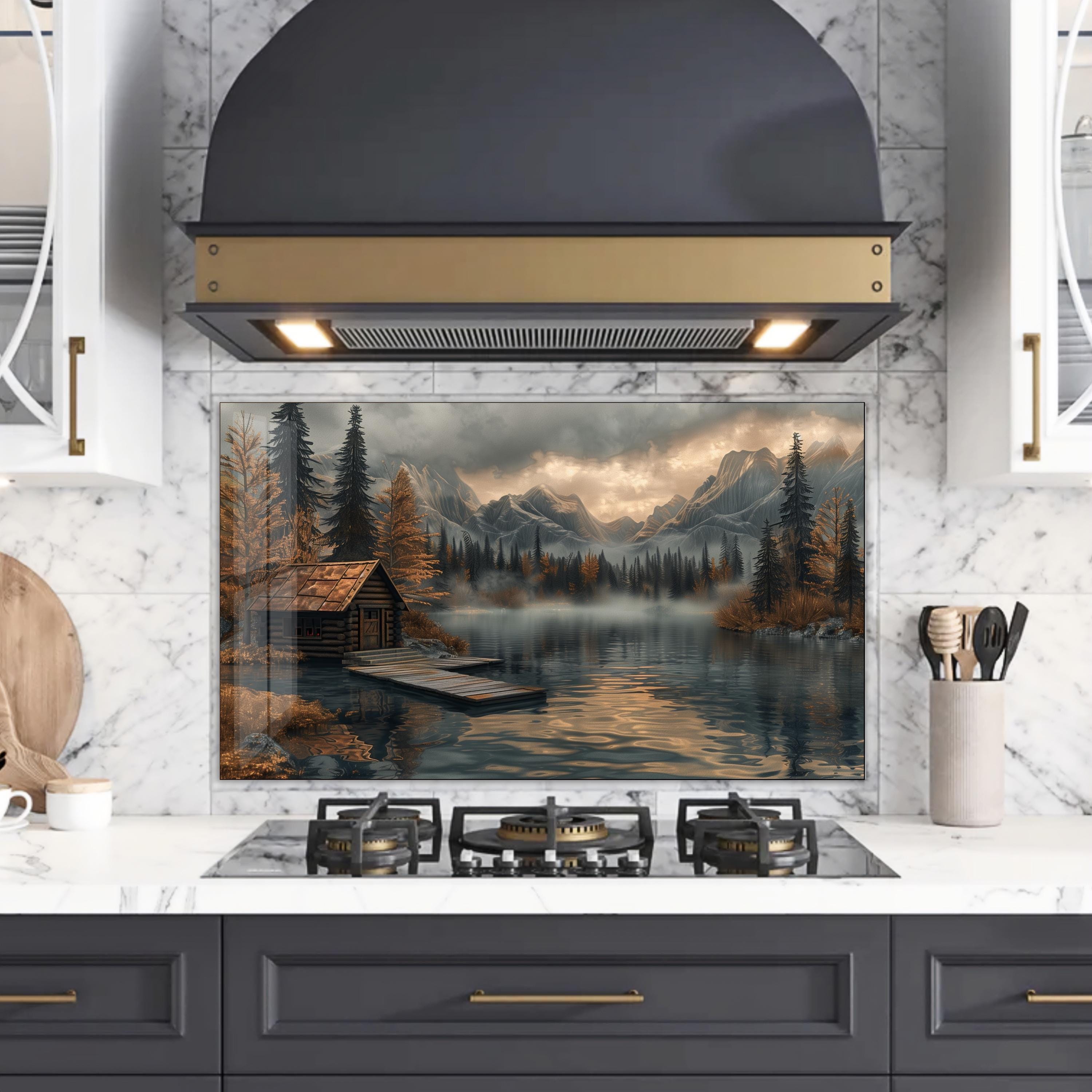 Rustic Landscape Stove Splashback, Lake Kitchen Backsplash Wall Panel ...