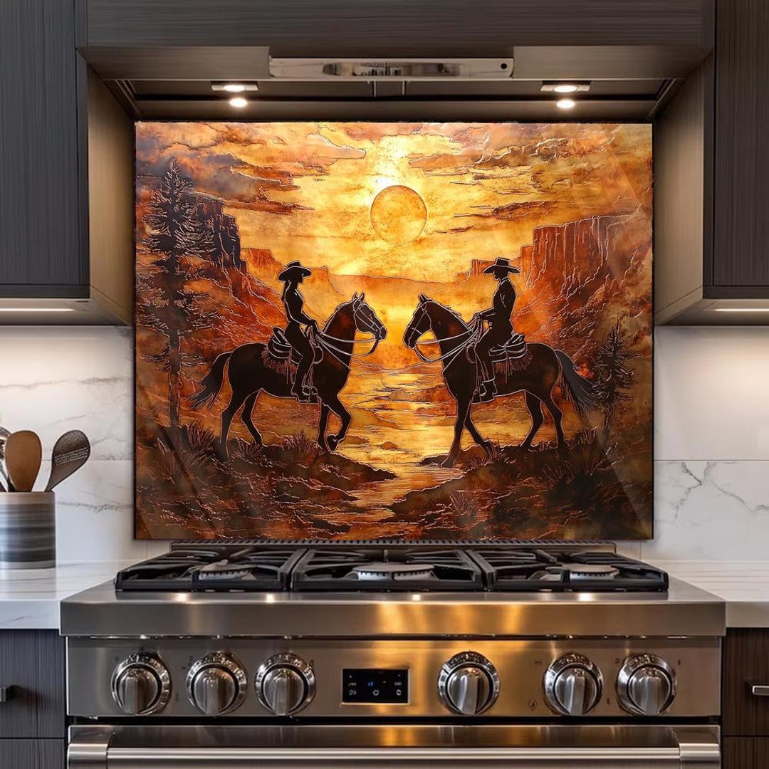 Tempered Glass Wall Art for Stove Back & Fireplace, Copper Look Glass Western Backsplash ...