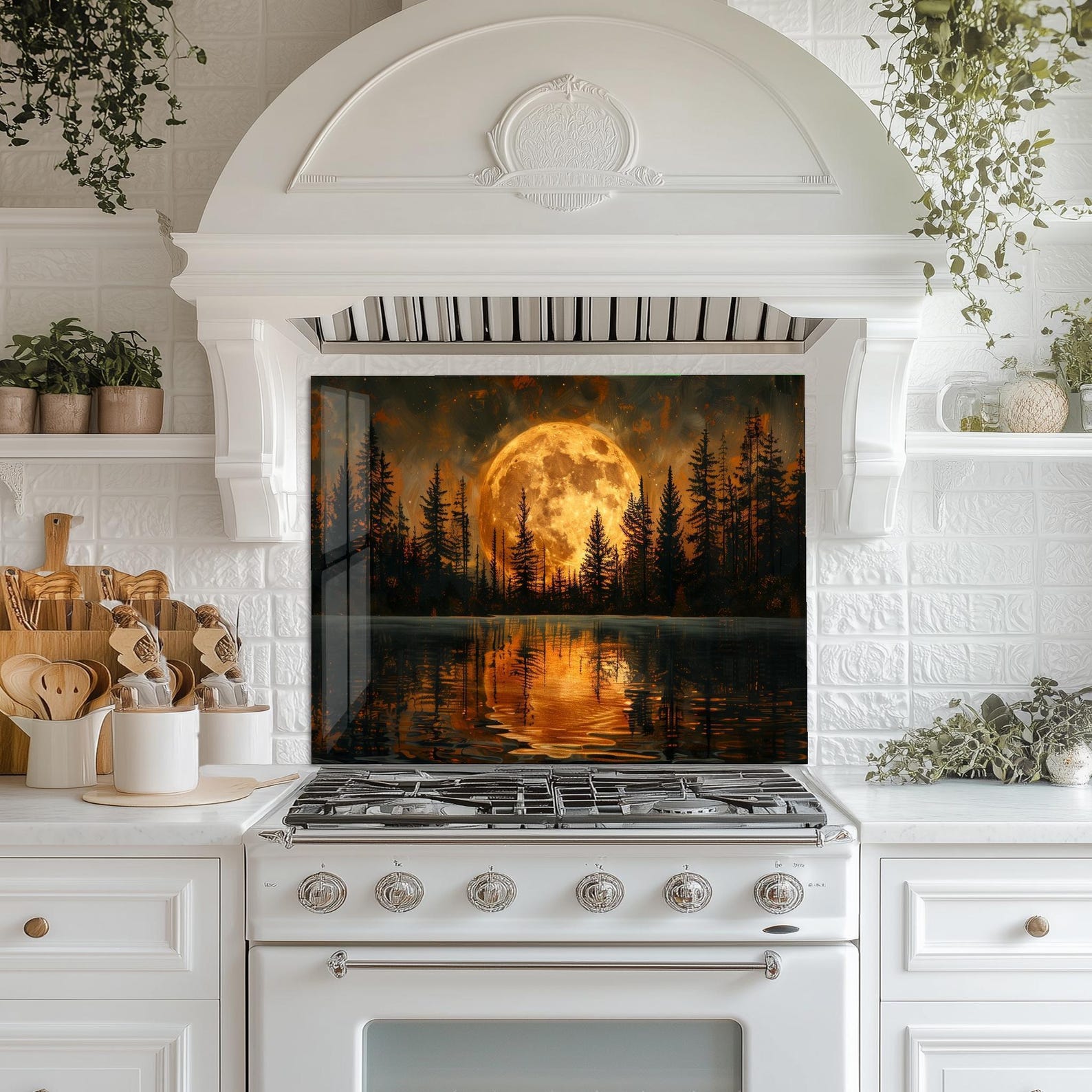 Rustic Landscape Stove Backsplash, Sunset Kitchen Backsplash, Sink ...