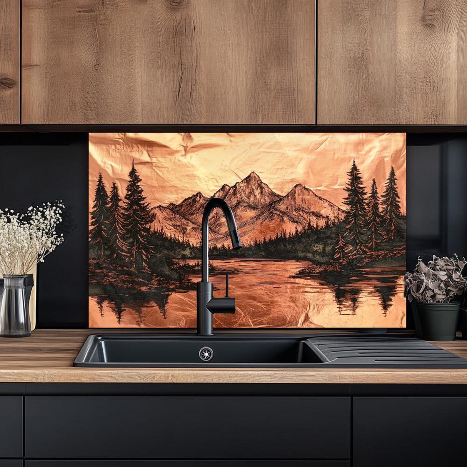 Mountain Ranges and Pine Tree Landscape Kitchen Backsplash, Backsplash ...