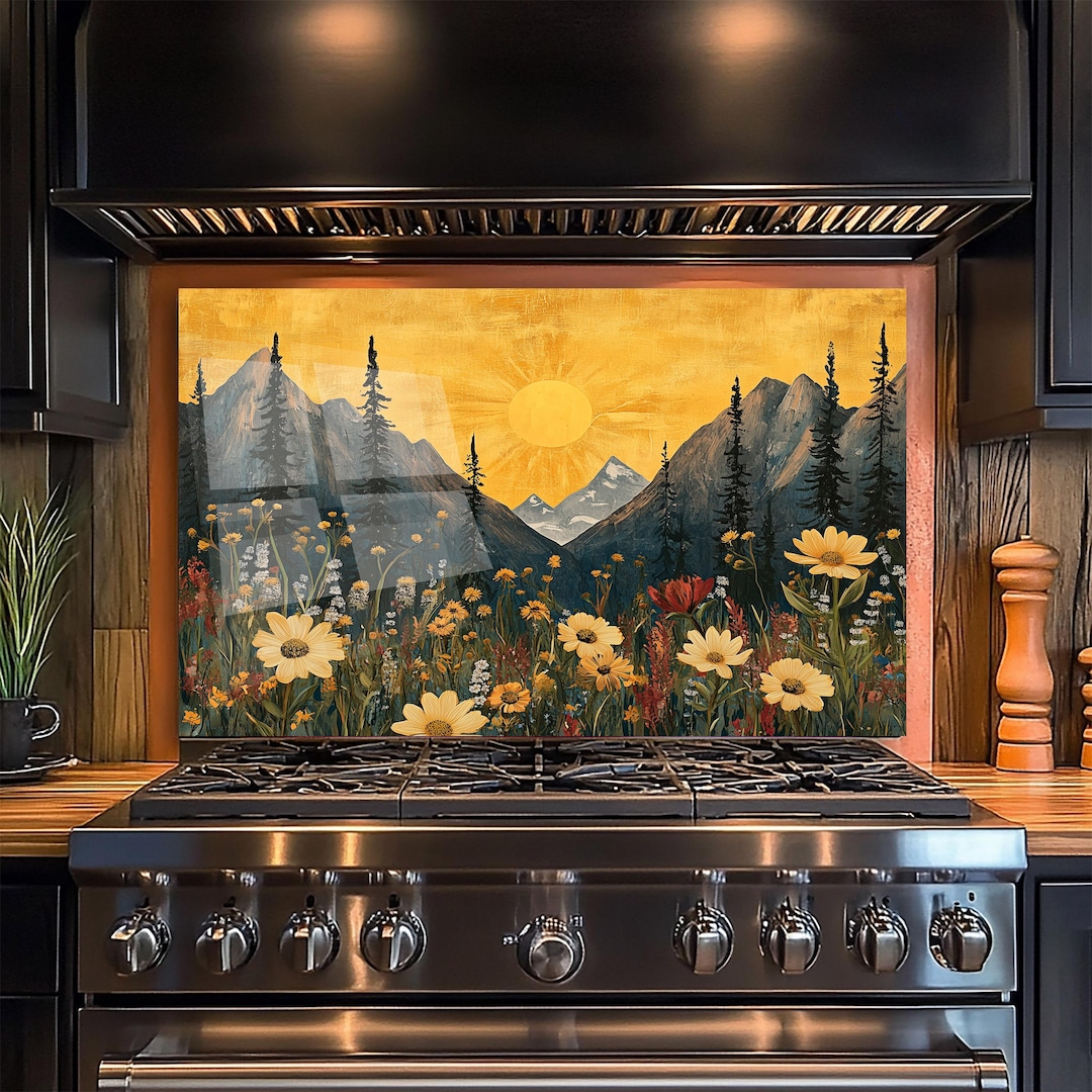 Backsplash-mountain Ranges Wildflowers Landscape Glass Art for Stove Back Splash,tempered Glass ...