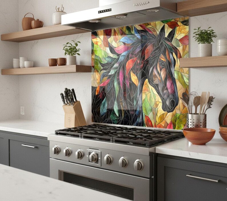 Floral Horse Tempered Glass Backsplash, Unique Stove Splashback Guard ...