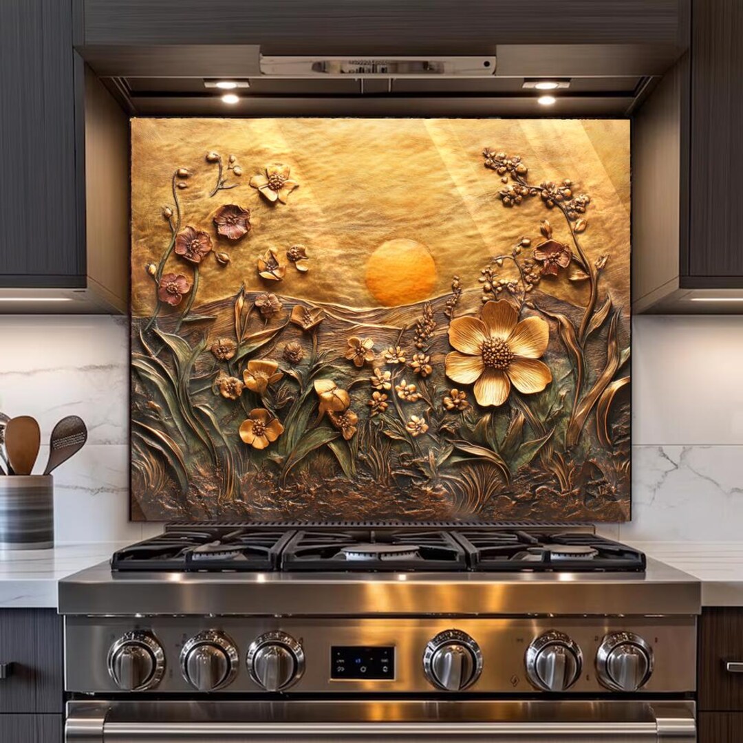 Glass Backsplash, Copper Look Backsplash, Sunset With Wildflowers Kitchen Splashback for Stove ...