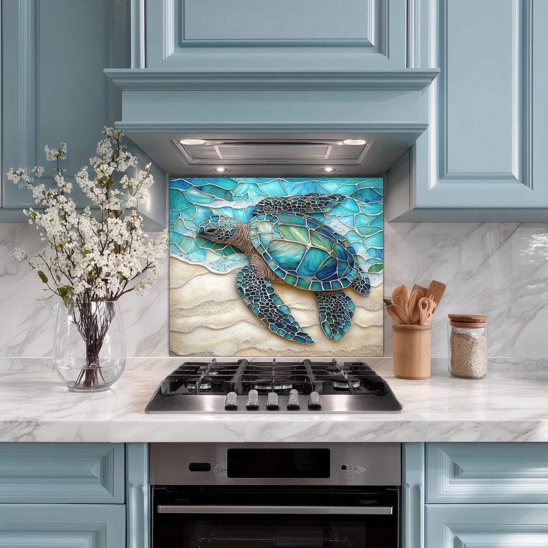 Turtle in Ocean Blue White Pattern Glass Backsplash Behind Stove ...