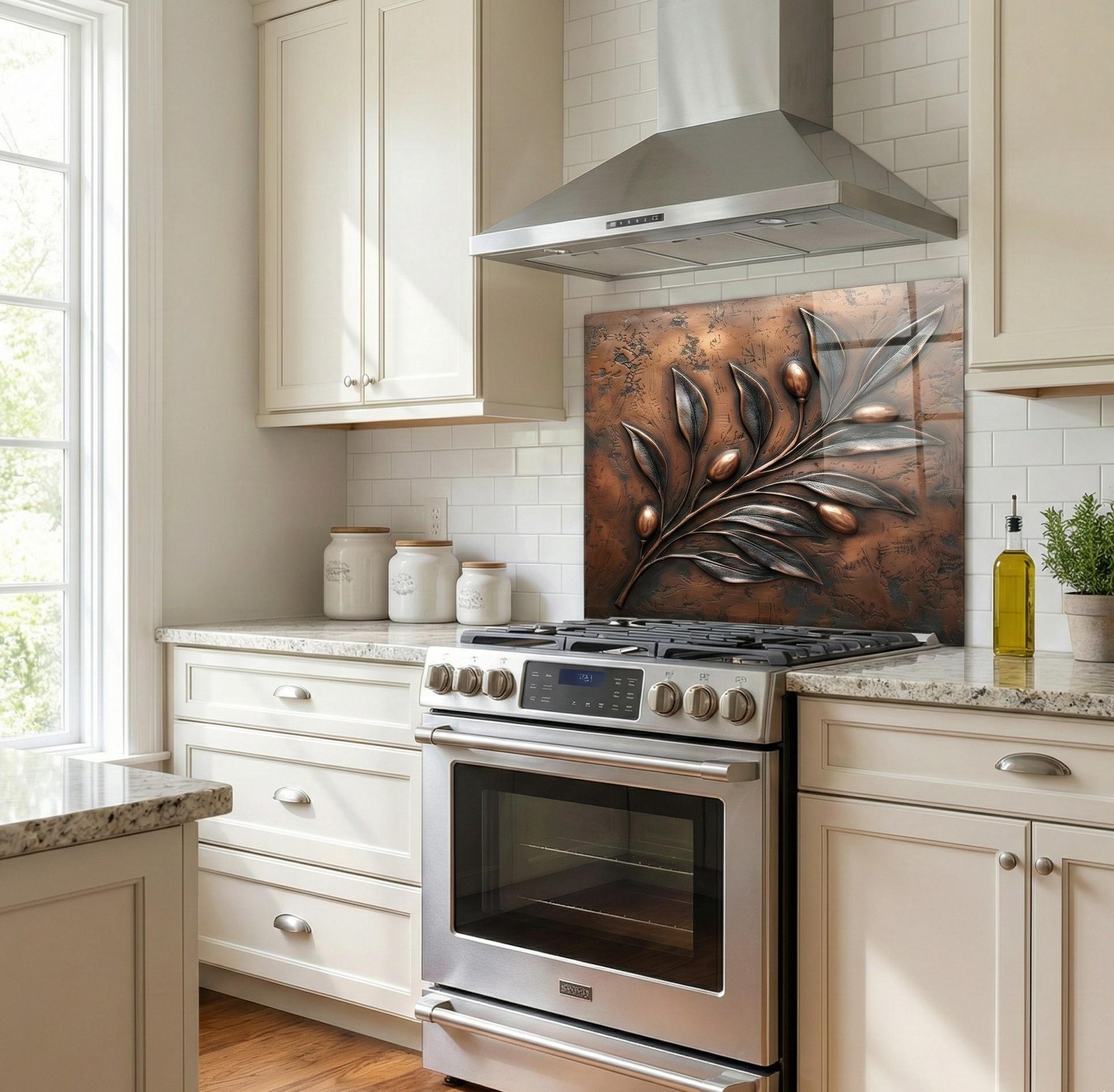 Copper Olive Branch Glass Backsplash, Rustic Kitchen Stove Splashback ...