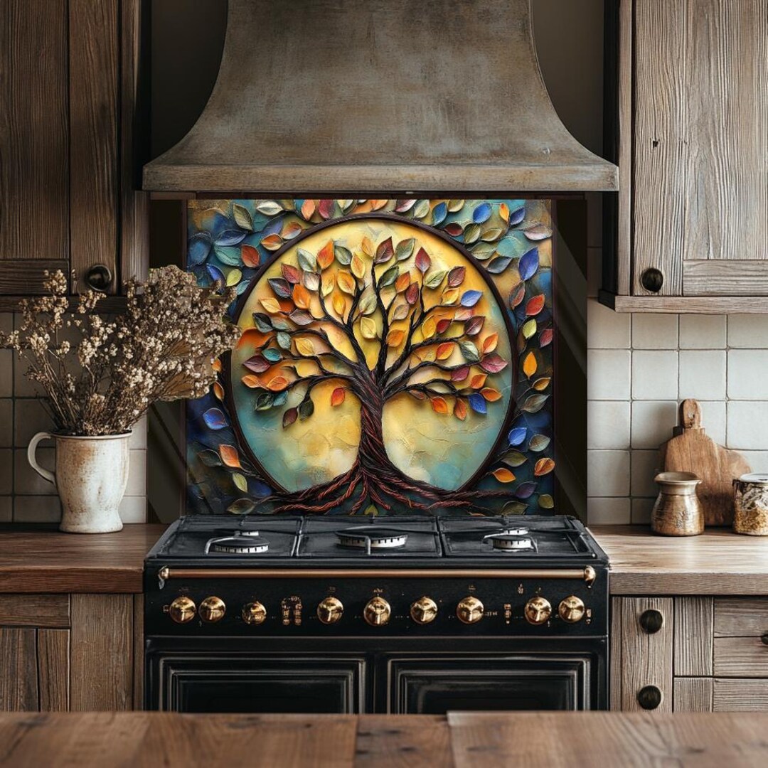 Glass Backsplash, Tree of Life Stained Glass Look One Piece Backsplash ...
