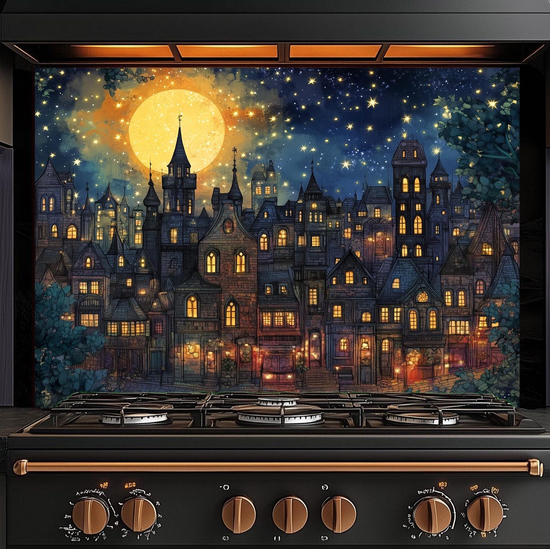 Glass Backsplash, Night City of Star Backsplash, Moon and Stars Pattern ...