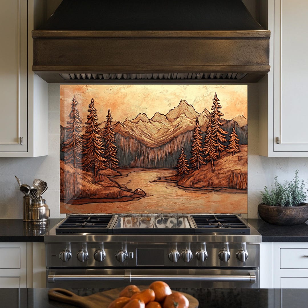 Pine Trees Tempered Glass Backsplash, Rustic Kitchen Backsplash ...