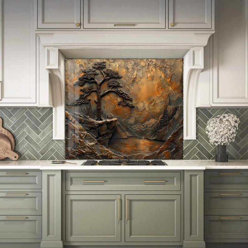 Rustic Landscape Kitchen Backsplash Wall Art, Tempered Glass Stove ...