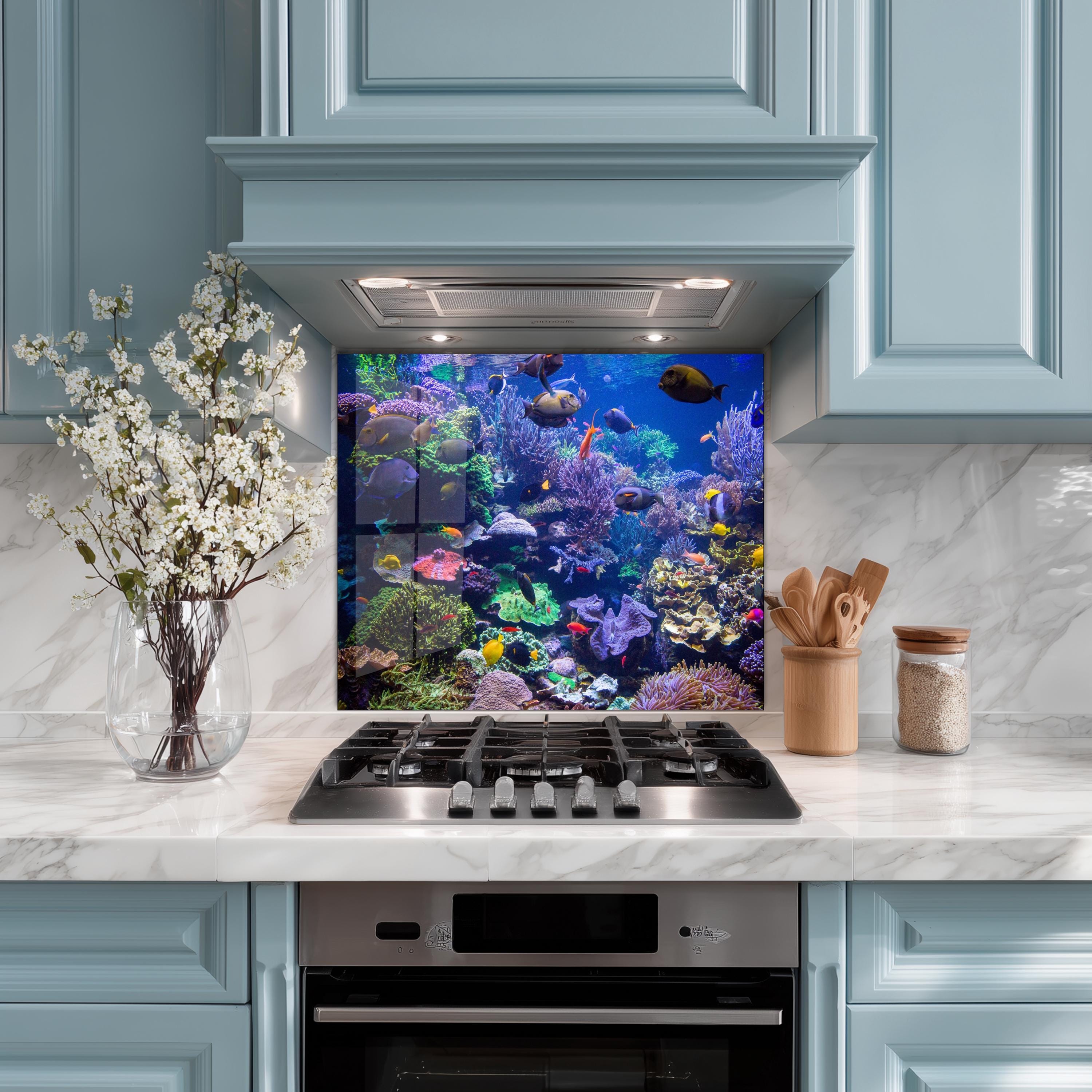 Tempered Glass Backsplash Kitchen, Underwater Coral Reef Stove ...
