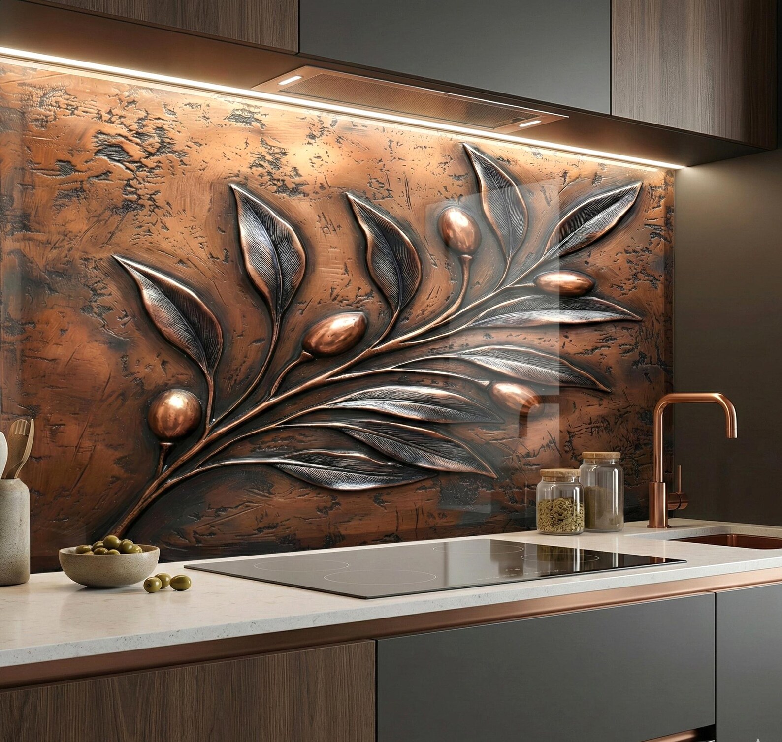 Copper Olive Branch Glass Backsplash, Rustic Kitchen Stove Splashback ...