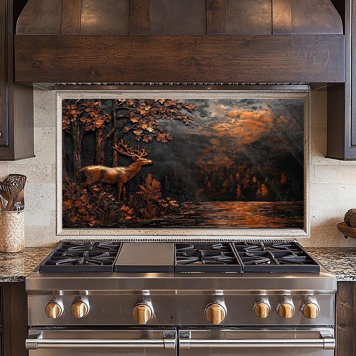 Vintage Copper Style Woodland Deer Print Backsplash for Stove ...