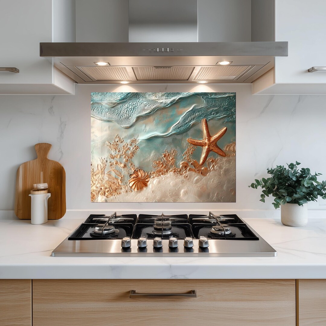 Marine Tempered Glass Stove Backsplash, Seashells Kitchen Backsplash ...