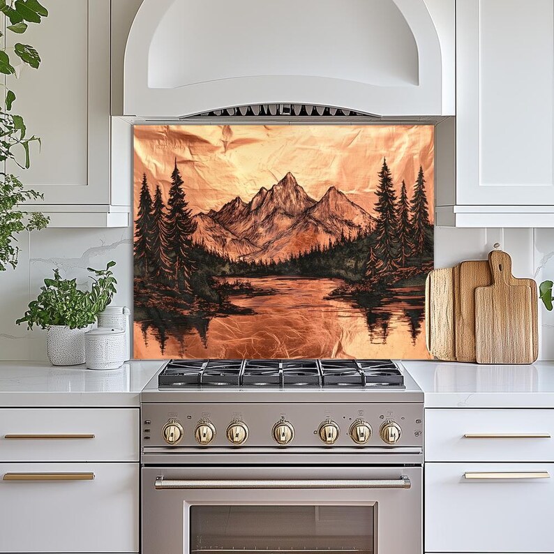 Mountain Ranges and Pine Tree Landscape Kitchen Backsplash, Backsplash ...