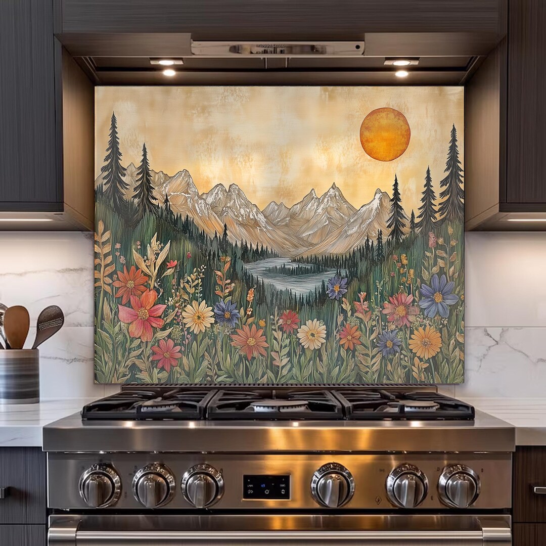 Backsplash-william Morris Style Glass Art Splashback - Mountain Ranges ...