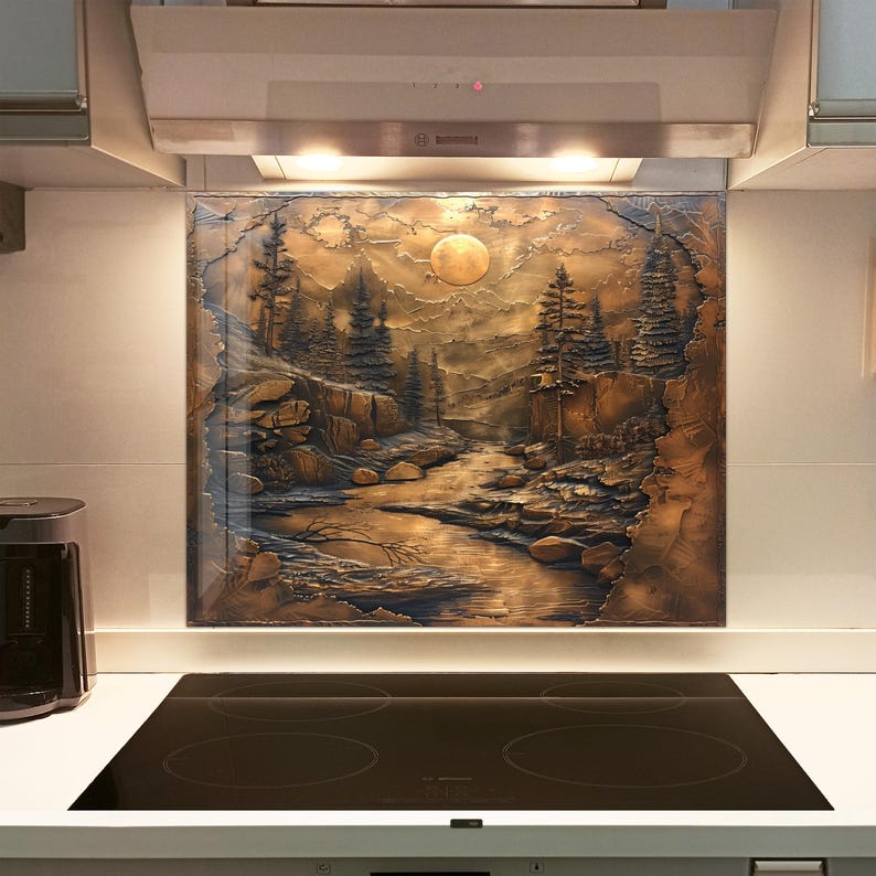 Copper Look Rustic Canyon Landscape Kitchen Backsplash, Stove ...