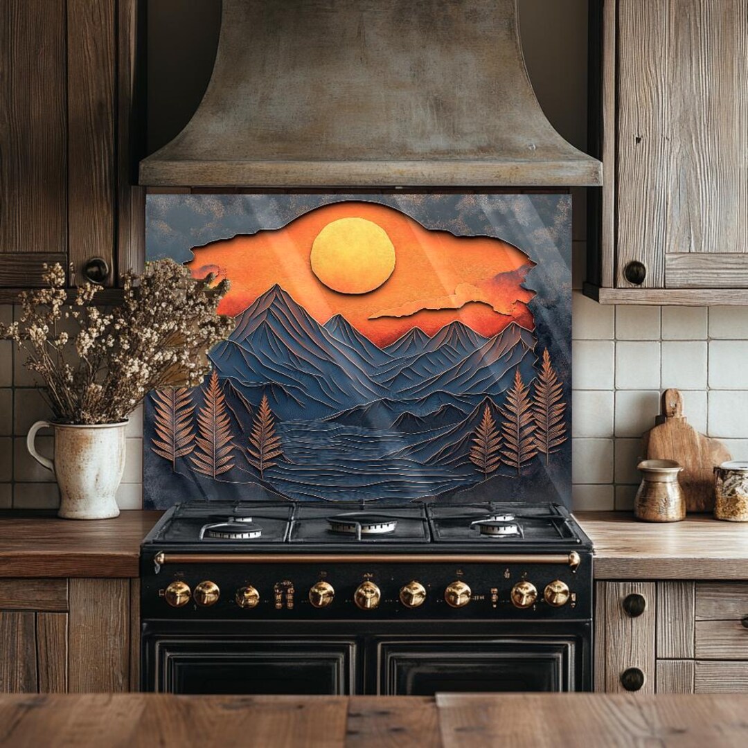 Glass Backsplash-mountain Ranges Sunset Kitchen Stove Back,stove Backsplash, Copper Look Cook ...
