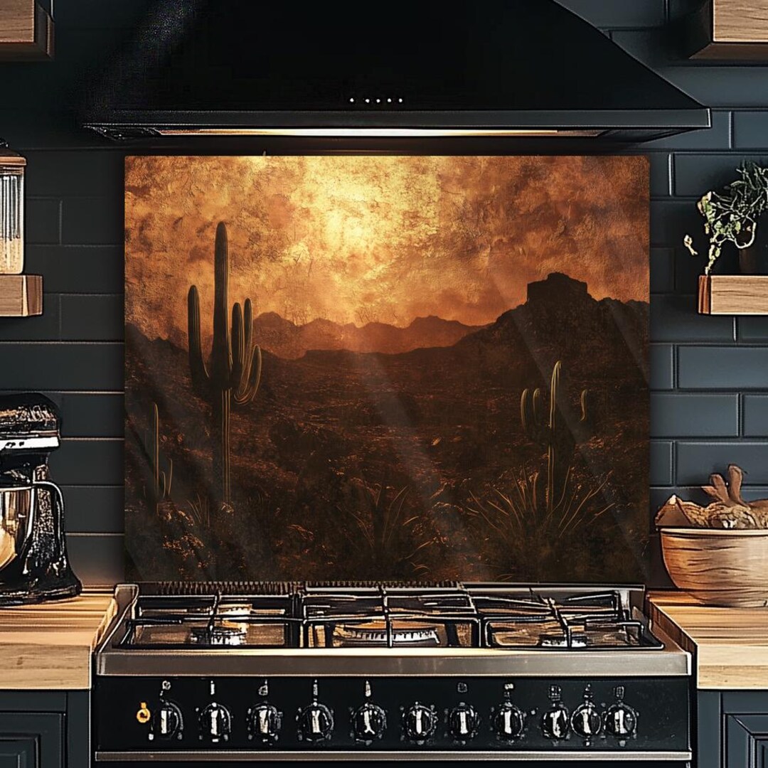 Glass Backsplash-western Style Stovetop Backsplash Cacti, Canyons ...