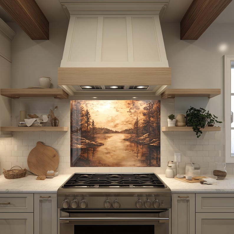 Rustic Copper Look Tempered Glass Stove Backsplash, Landscape Kitchen ...