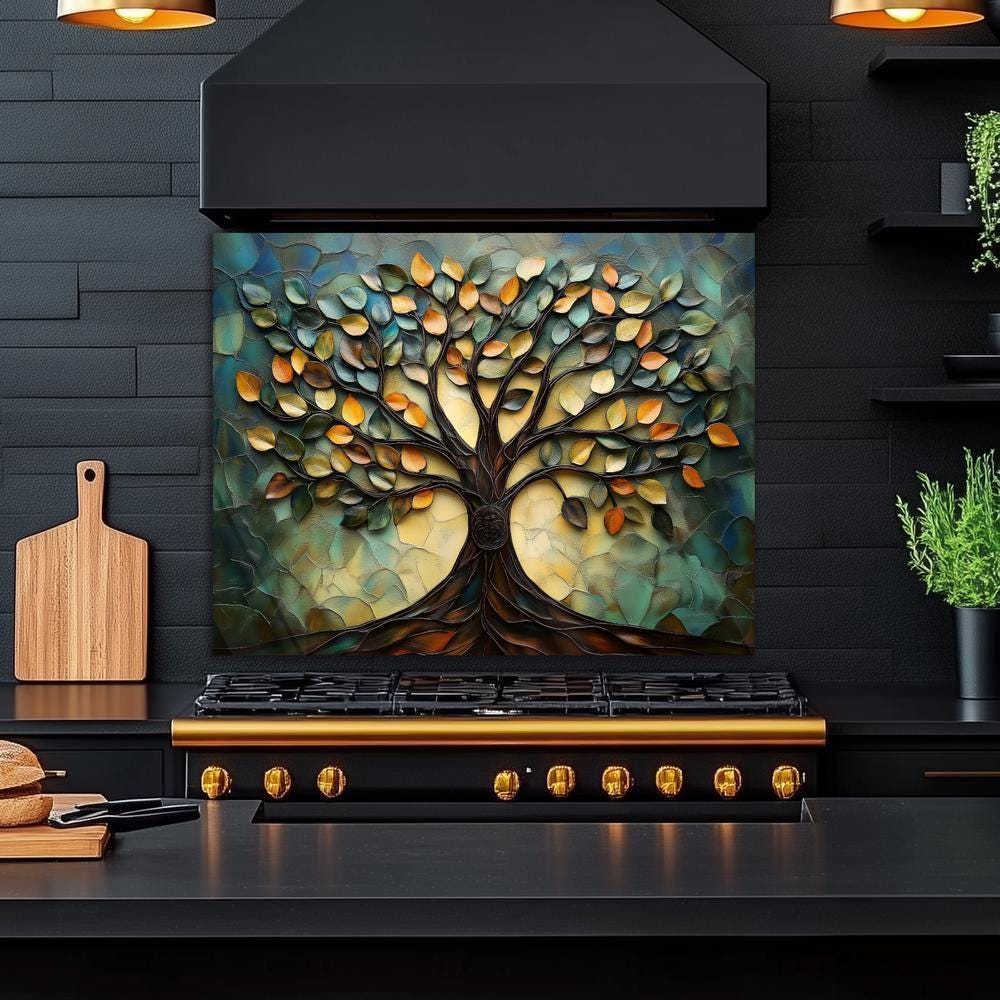 Glass Backsplash, Tree of Life Stained Glass Look One Piece Backsplash ...