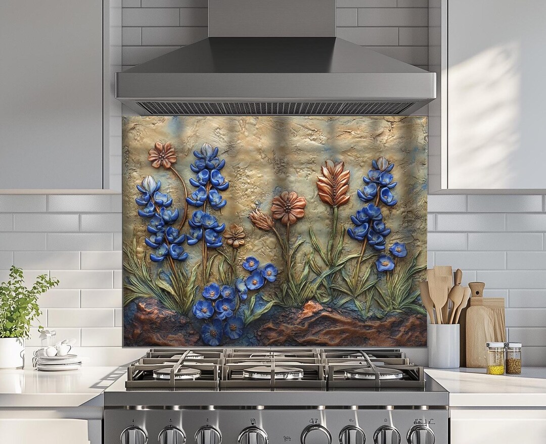 Tempered Glass Backsplash Bluebonnets Wildflowers,indian Floral Splashback,floral Oven Back ...