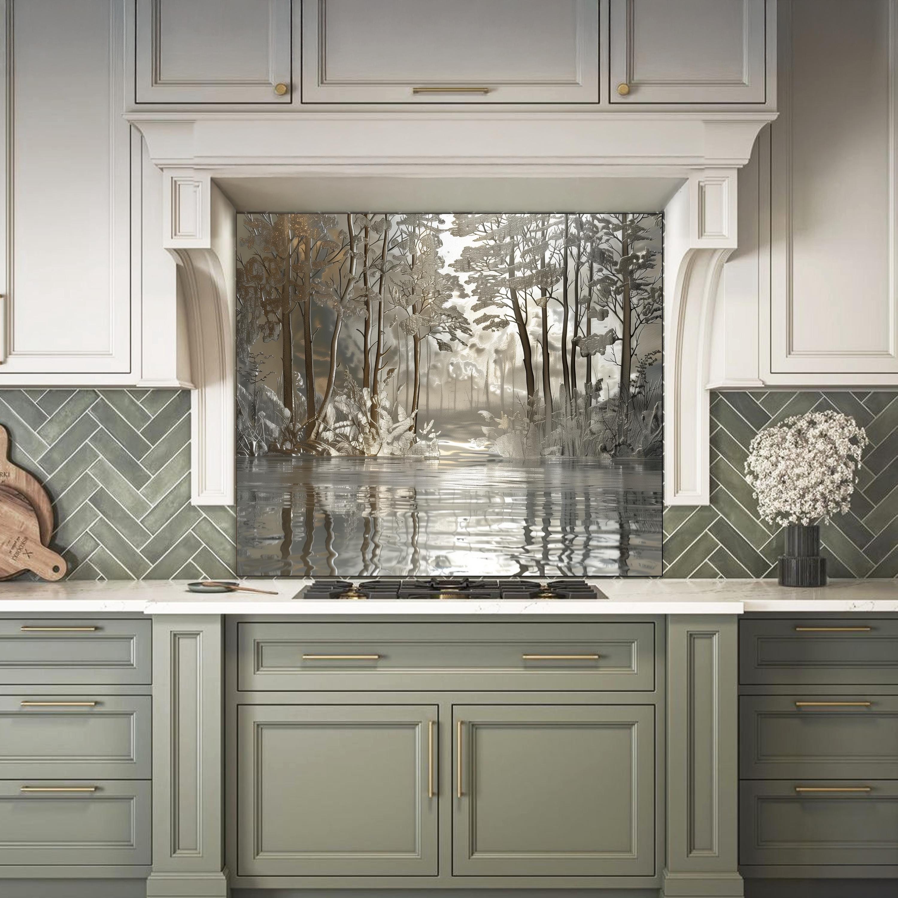 Modern Kitchen Backsplash - Mirror Look Tree Landscape Backsplash ...
