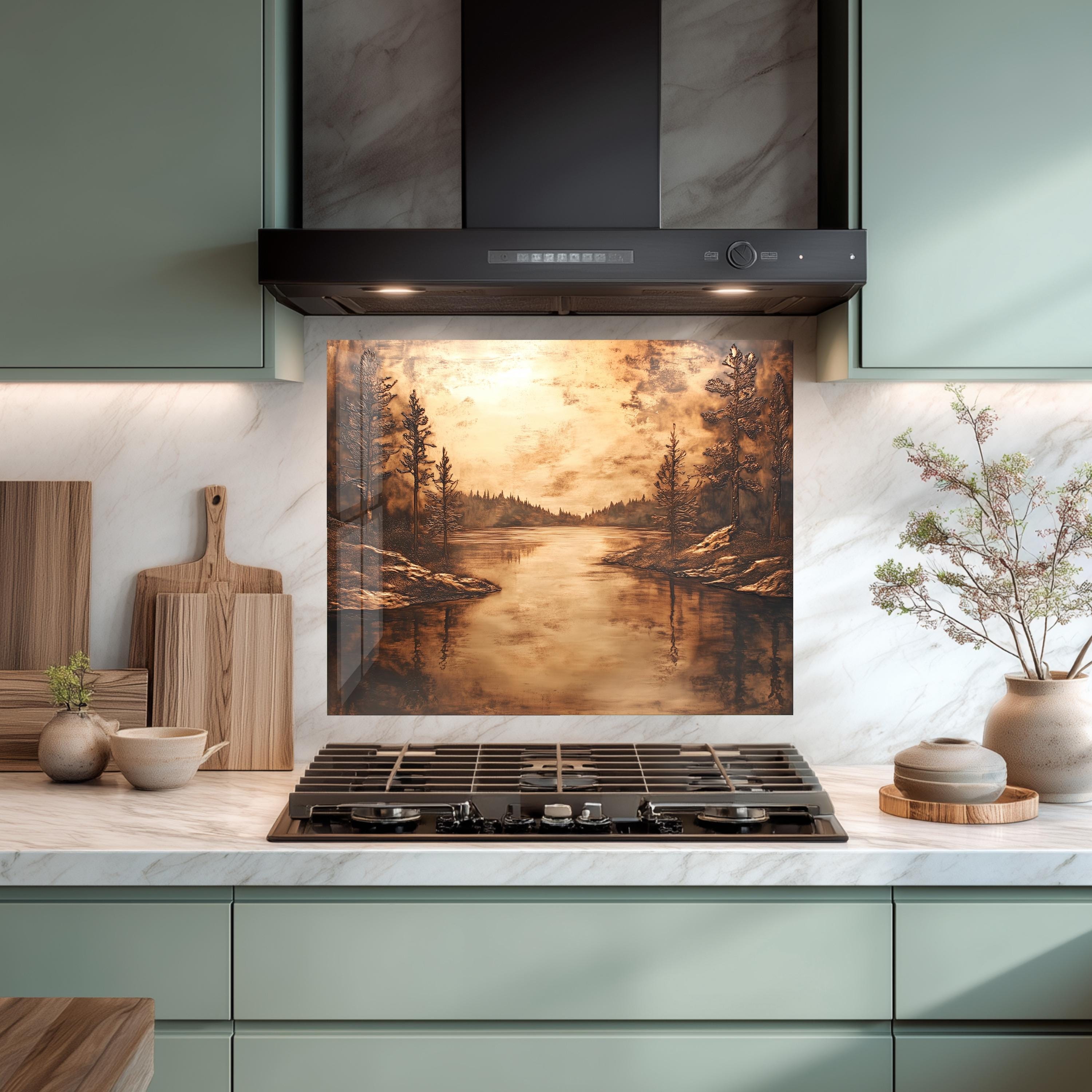 Rustic Copper Look Tempered Glass Stove Backsplash, Landscape Kitchen ...