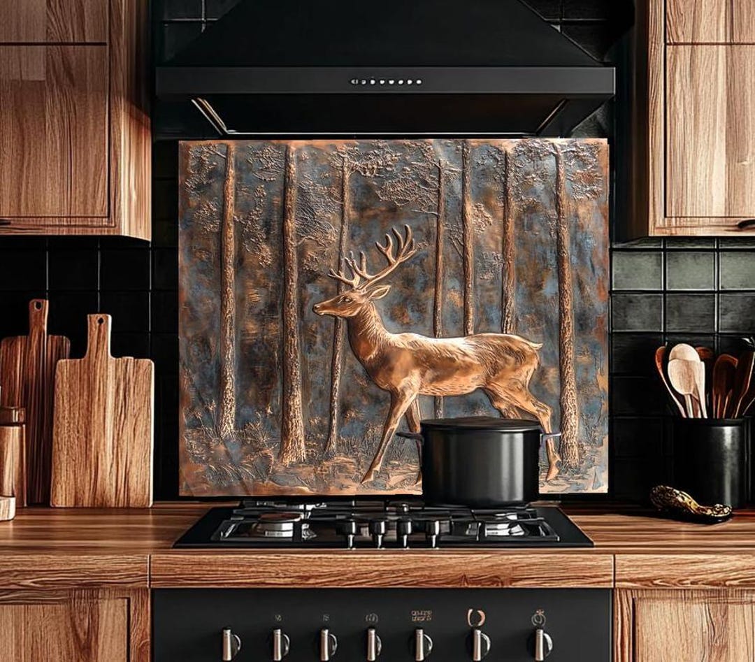 Glass Backsplash-woodland Deer Copper Look Kitchen Backsplash for Stove ...