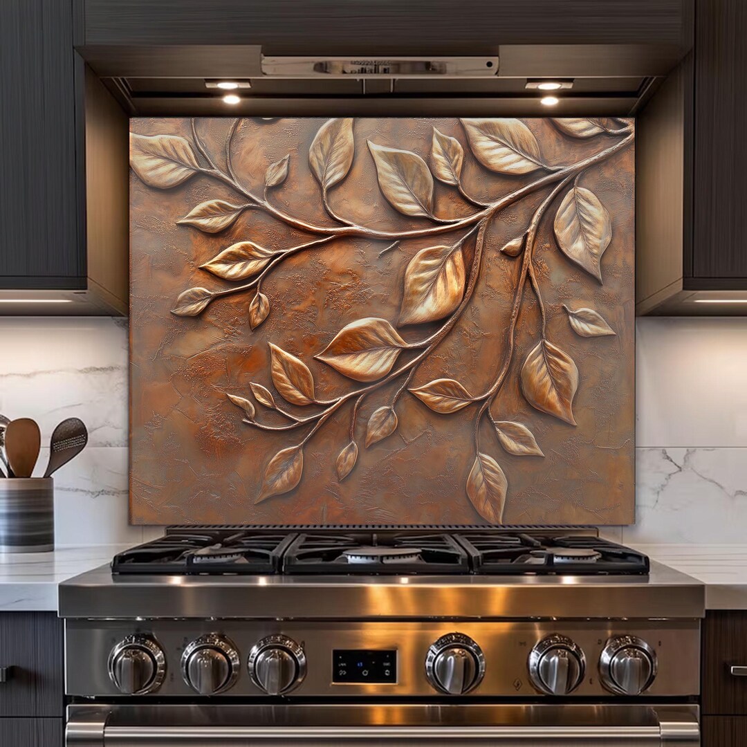 Copper Leaves Backsplash, Minimalist Backsplash - Tempered Glass Kitchen Backsplashes, Tree ...