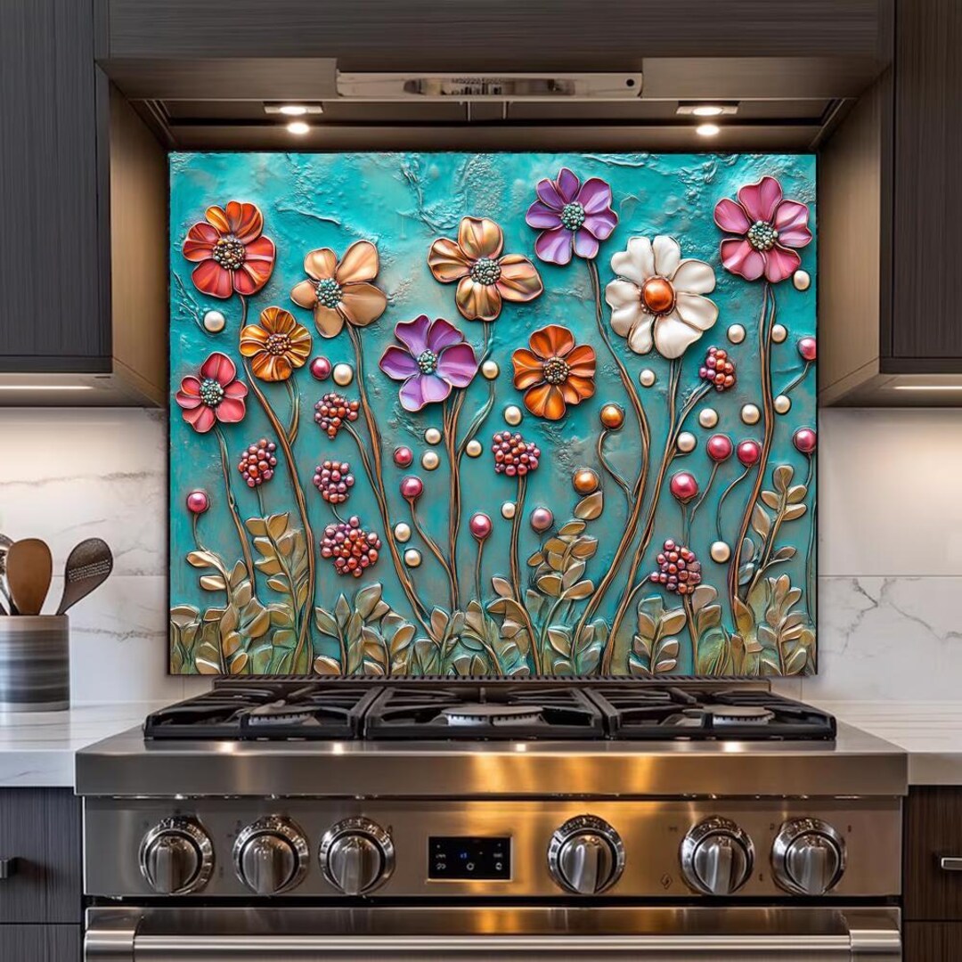 Kitchen Backsplash-floral Tempered Glass Backsplash,lighthouse One Piece Backsplash-wildflowers ...
