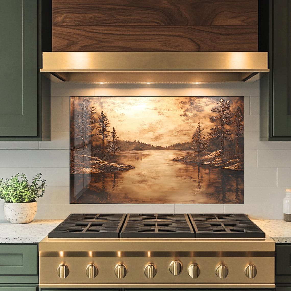 Rustic Copper Look Tempered Glass Stove Backsplash, Landscape Kitchen ...