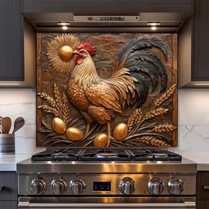 Chicken With Her Eggs Backsplash, Chicken Glass Art for Kitchen Stove ...
