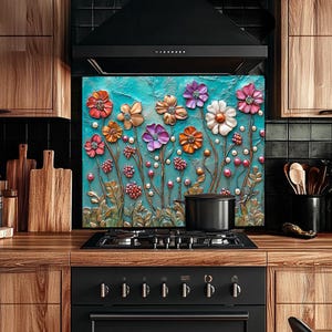 Kitchen Backsplash-floral Tempered Glass Backsplash,lighthouse One Piece Backsplash-wildflowers ...