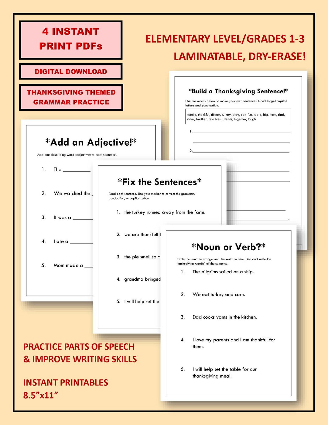 Thanksgiving Grammar Worksheet | Grades 1-3 ELA Activity | Reusable Dry ...